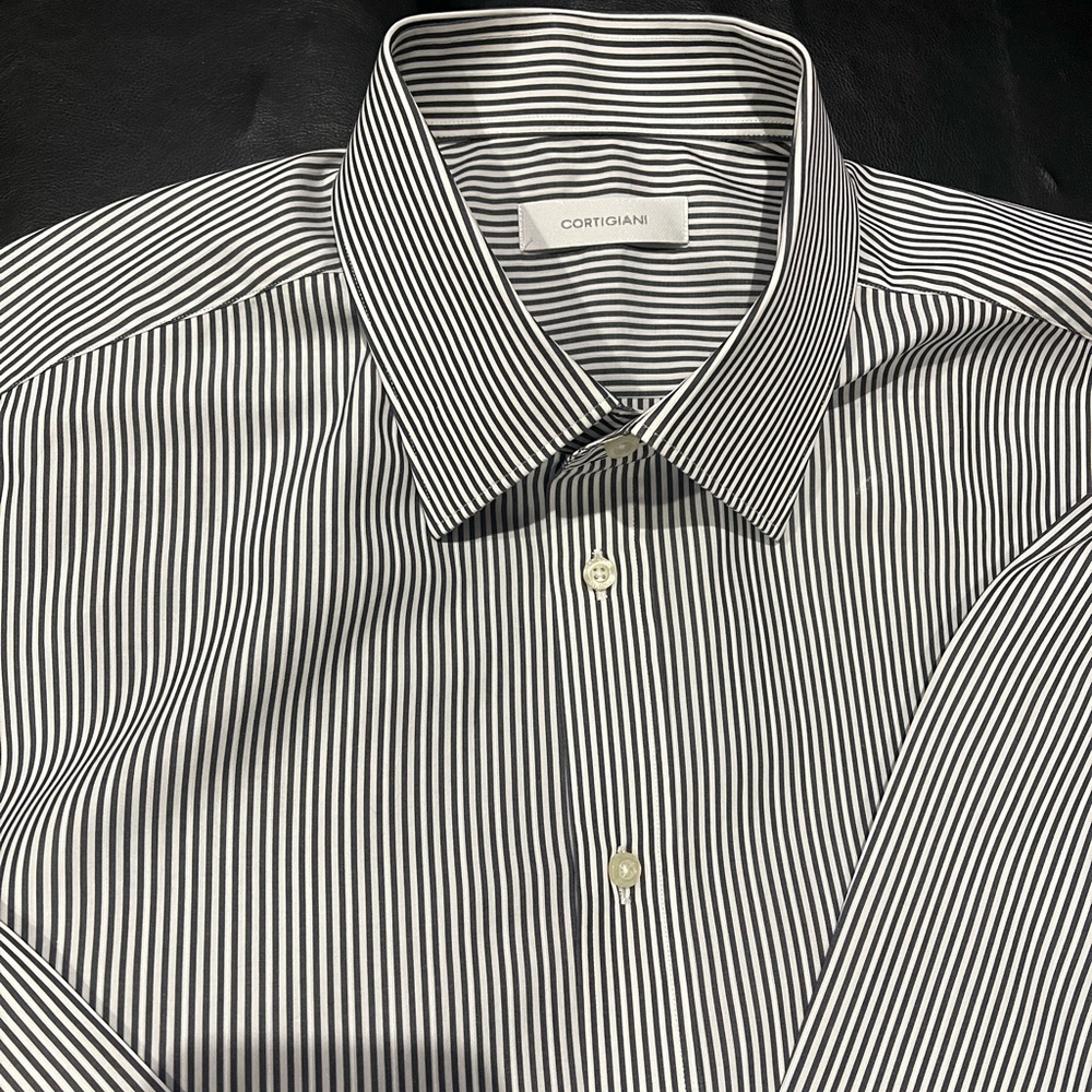 Cortigiani Black Striped Italian Button Down Dress Sh… - Gem